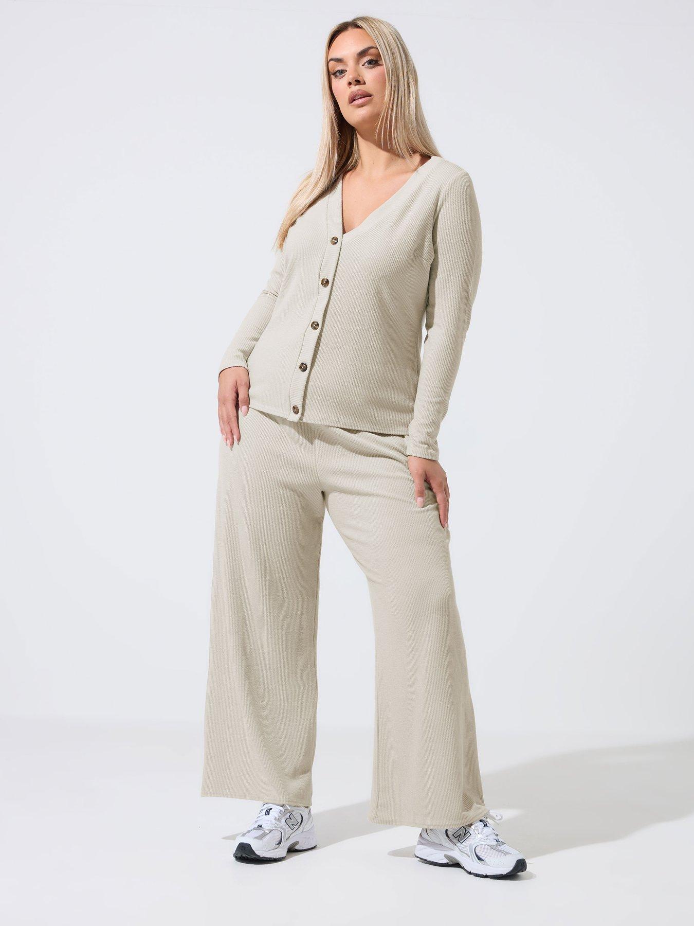 Yours Curve Crinkle Rib Wide Leg Trousers - Cream | Littlewoods