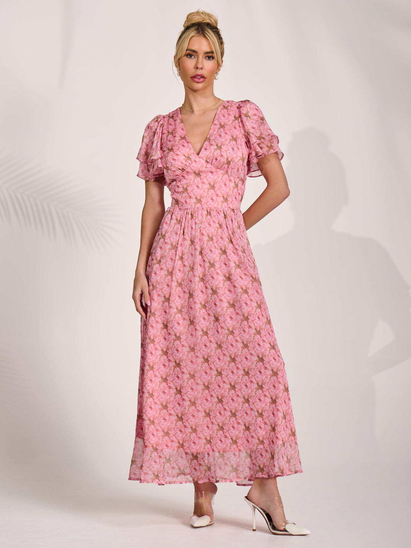 Jolie Moi Layered Angel Sleeved Chiffon Maxi Dress - Pink | Littlewoods