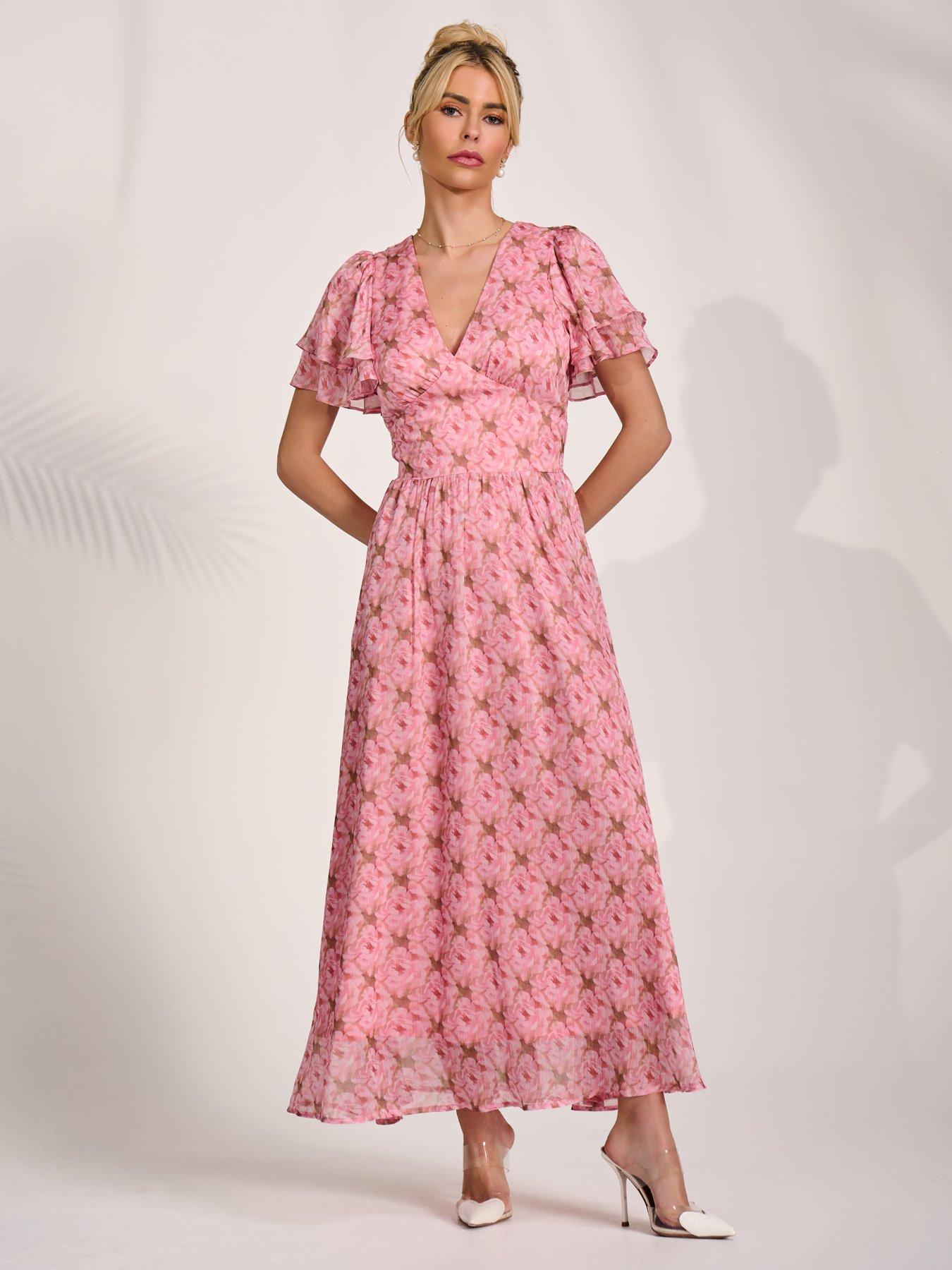 Jolie Moi Layered Angel Sleeved Chiffon Maxi Dress - Pink | Littlewoods