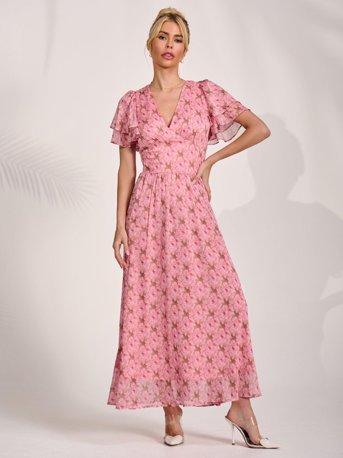 Jolie Moi Layered Angel Sleeved Chiffon Maxi Dress - Pink | Littlewoods